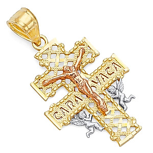 The World Jewelry Center 14k REAL Tri Color Gold Religious Jesus Crucifix Cross with Angel Charm Pendant