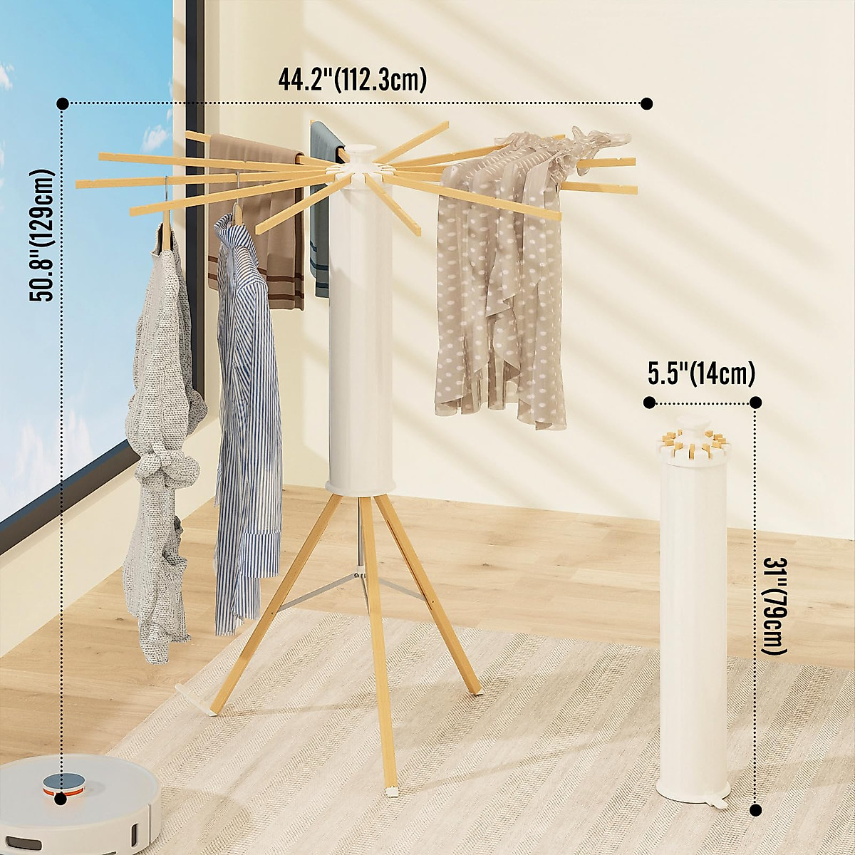 Tripod Drying Rack Portable, Foldable Drying Rack Clothing with 12 Wood Drying Arms, Standing Laundry Hanger Rack Round Collapsible & Portable Handle for Laundry Room, Balcony, Bedroom, RV