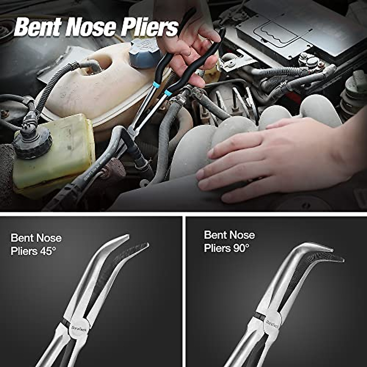 DURATECH 4 PCS Extra Long Needle Nose Pliers Set, Premium CRV Steel, 11" Long Reach Straight Pliers, 90° Bent Nose Pliers, 45°Bent Nose Pliers, Diagonal Pliers for Hard-to-Reach Narrow Spaces