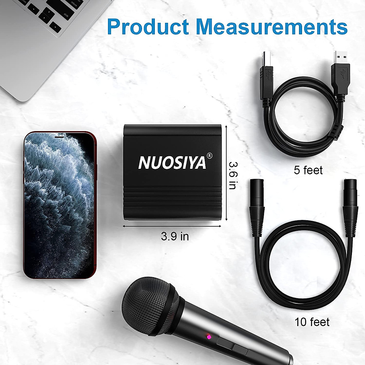 NUOSIYA Phantom Power 48V, 1-Channel Phantom Power Supply for Condenser Microphone with 10Ft XLR Female to Male Mic Cable，Dual Charging Ports, Metal Box, Black