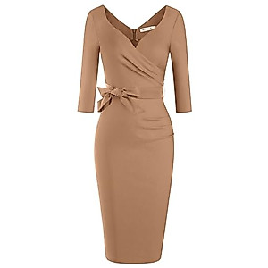 MUXXN Ladies Retro Cut Out Neck Elbow Sleeves Graduation Party Pencil Dress (Camel L)
