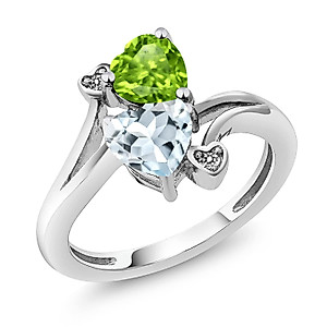 Gem Stone King 1.53 Ct Heart Shape Green Peridot Aquamarine 10K White Gold Diamond Accent Ring (Size 5)