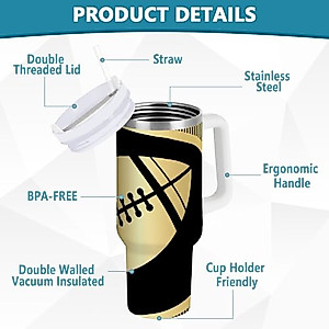 40 Oz Gold American Football Vacuum Insulated Tumbler with Lid and Straw Travel Coffee Tumbler