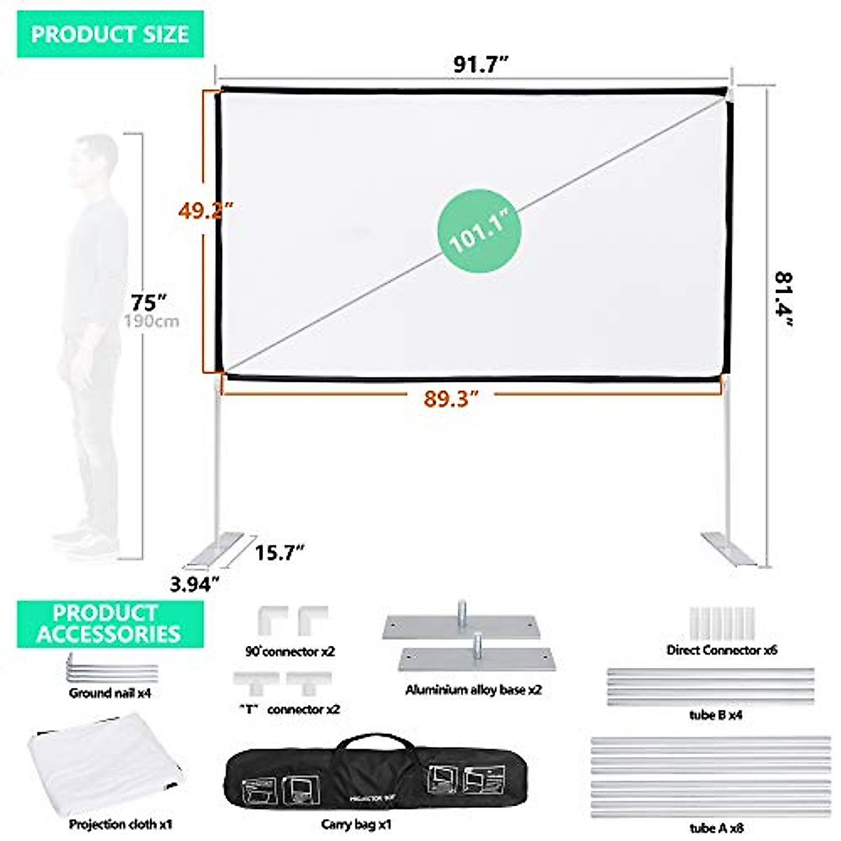 ZENY Projector Screen with Stand 100 Inch 16:9 HD Washable & Wrinkle Free 4K Projection Screen for Outdoor Movie Double Side Video Screen for Home Theater,Camping