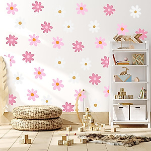 BBTO Daisy Wall Decal Flower Vinyl Wall Decals Daisy Decals Floral Decals Peel and Stick Daisy Stickers for Kids Nursery Wall Art Bedroom Living Room(Pink, White)