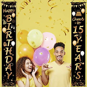 2 Pieces 15th Birthday Party Decorations Cheers to 15 Years Banner Porch Sign Door Hanging Banner 15th Party Decorations Welcome Porch Sign for 15 Years Birthday Supplies, 71 x 12.6 Inches