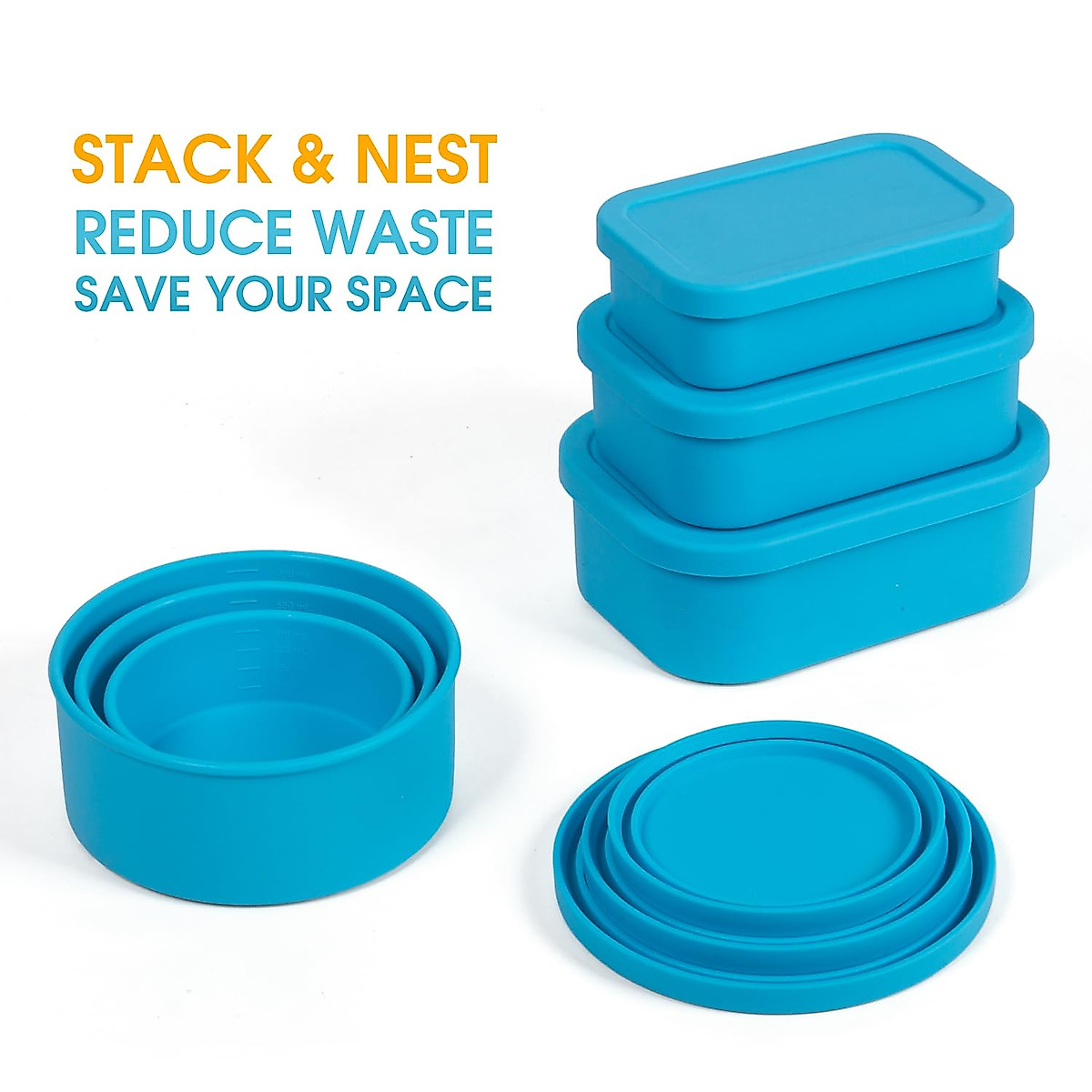 Nesting 100% Silicone Food Storage Containers with Lid & Measuring Line, 6 Pack, Leakproof Stackable Hard-Shell Silicone Containers for Food Lunch Snack, Microwave Oven Freezer Dishwasher Safe, Blue
