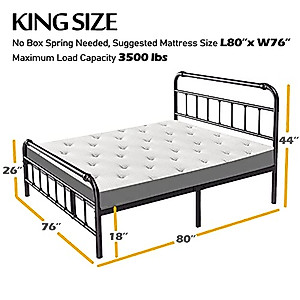 BOSRII King Size Bed Frame with Headbaord and Footboard, 18 Inches High, 3500 Pounds Heavy Duty Metal Slats Support for Mattress, No Box Spring Needed,Noise-Free, Black