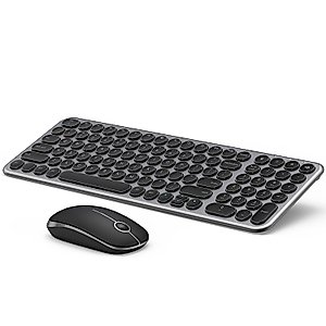 Wireless Keyboard and Mouse Combo, 2.4G Retro Computer Keyboard Mouse with Round Keys, Slim Quiet Keyboard Mouse with 2 in 1 Nano USB Receiver for for Windows, Laptop, PC, Notebook-Black Grey