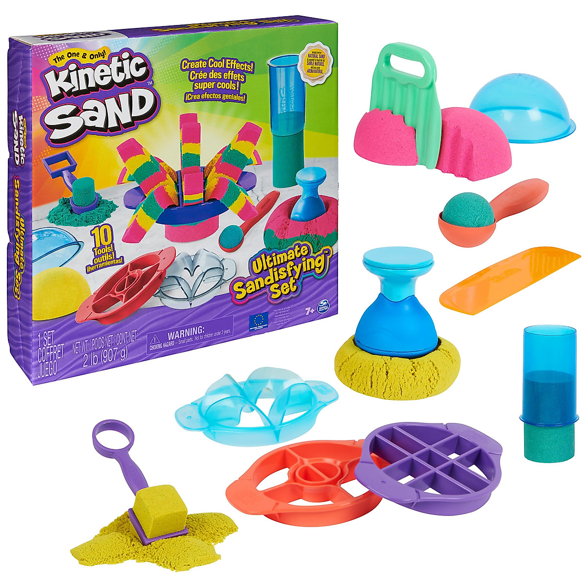 Kinetic Sand, Ultimate Sandisfying Set with 2lbs Play Sand (Pink, Yellow & Teal), 10 Tools & Molds, Sensory Toys for Kids Ages 7 and up