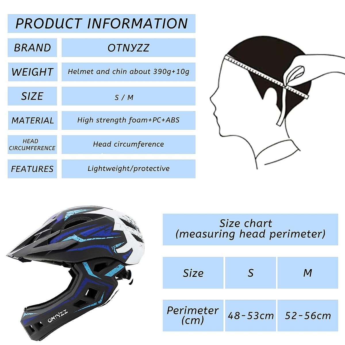 ONTYZZ Kids Bicycle Helmet Kids Adjustable Safety Full Face Helmet Lightweight Toddler Mountain Full Bike Helmet for Skating Cycling Scooter for Youth Child Boys Girls Ages Blue and White/S