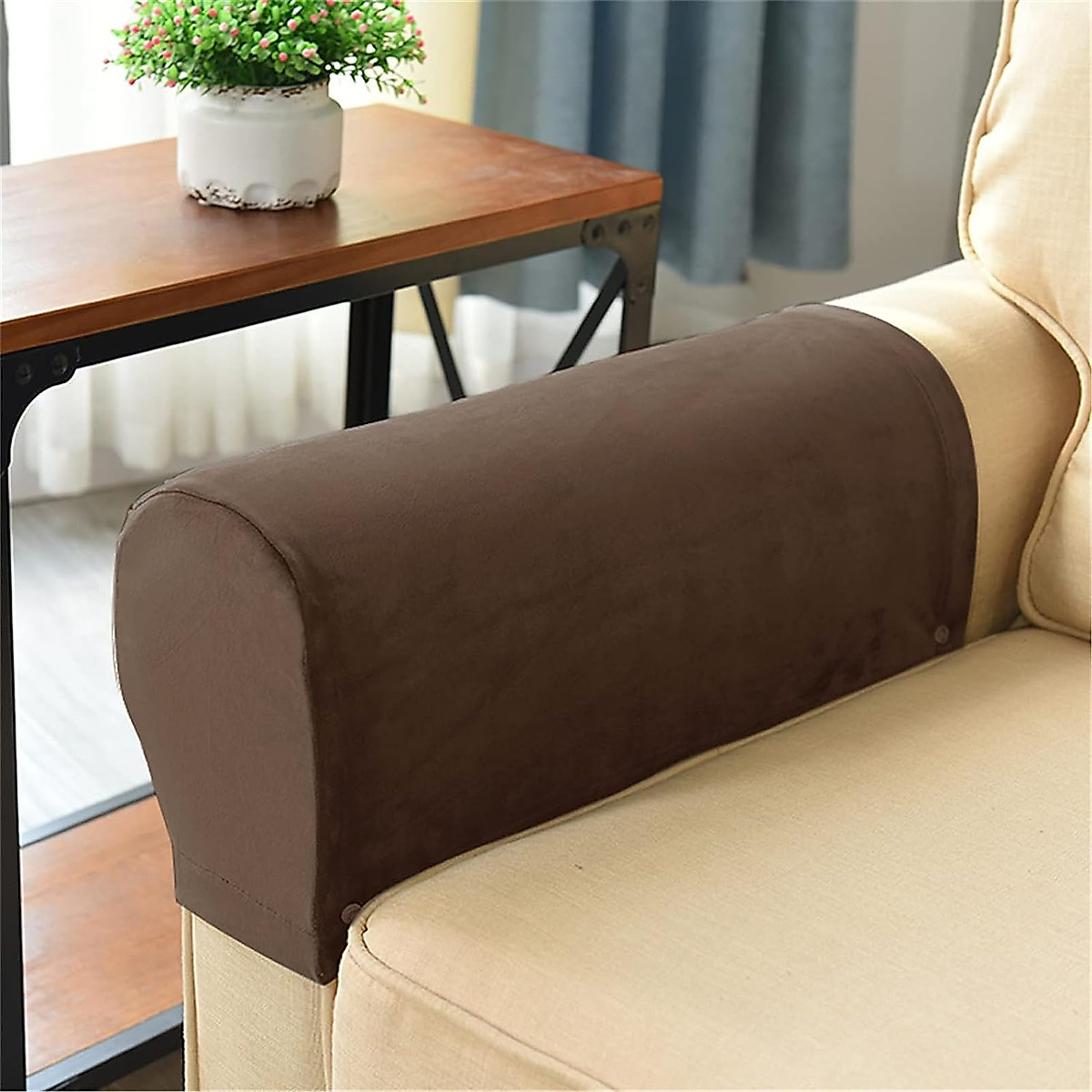 Set of 2 Velvet Stretch Armrest Covers for Chairs and Sofas Armchair Slipcover for Recliner Sofa Anti-Slip Soft Washable Sofa Arm Covers Protector,Coffee