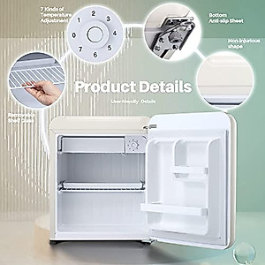 Kismile Retro Mini Fridge with Freezer,1.7cu. ft Small fridge with Adjustable Removable Glass Shelves, Mechanical Control, Compact Refrigerator for Office, Dorm, Bedroom (White)