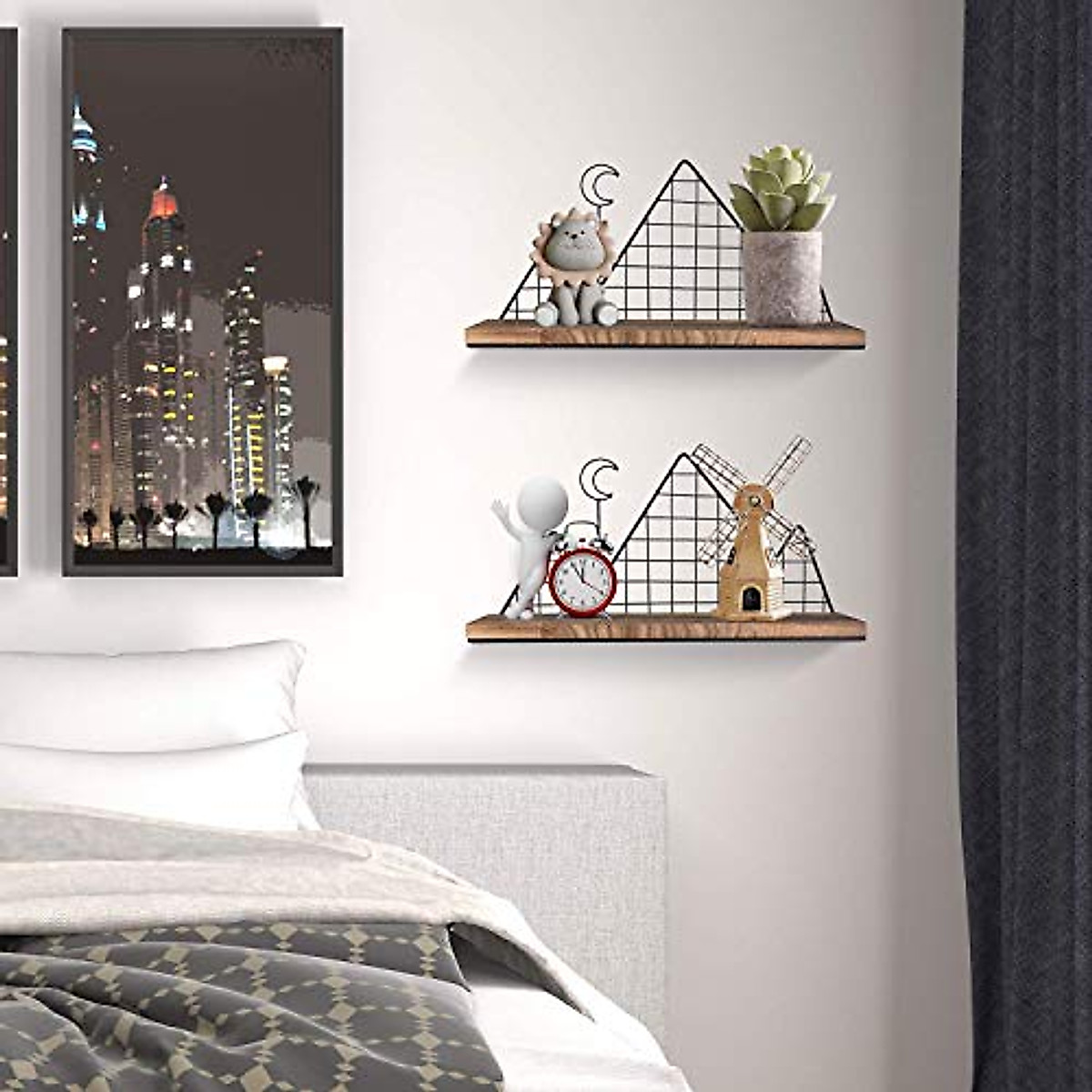 Homode Floating Shelves, Set of 2 Mountain Wall Shelves, Rustic Wood Display Storage Shelf with Metal Wire, Geometric Decor for Bathroom, Nursery, Bedroom, Office