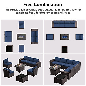 Rwnnad Patio Furniture Set Sofa 7-pcs Wicker Sectional Sofa Set with 55,000 BTU Gas Fireplace Table,Outdoor Furniture Rattan Sets with Tempered Glass Coffee Table