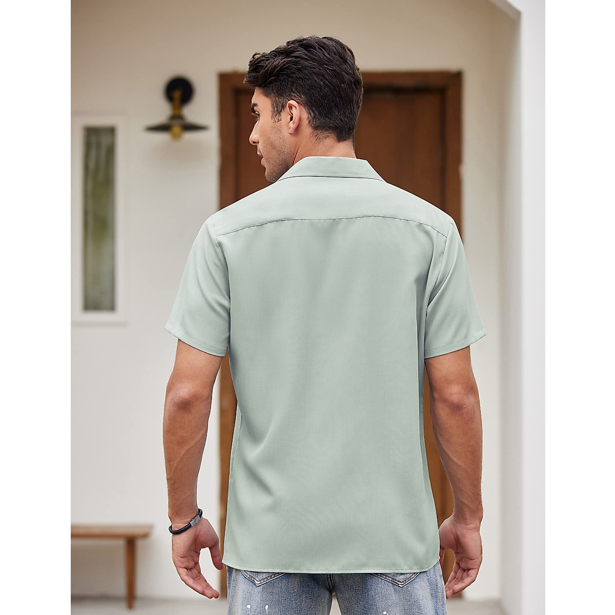 COOFANDY Vintage Mens Bowling Shirts Button Up Vacation Shirts Loose Fit Short Sleeve Shirts Green White