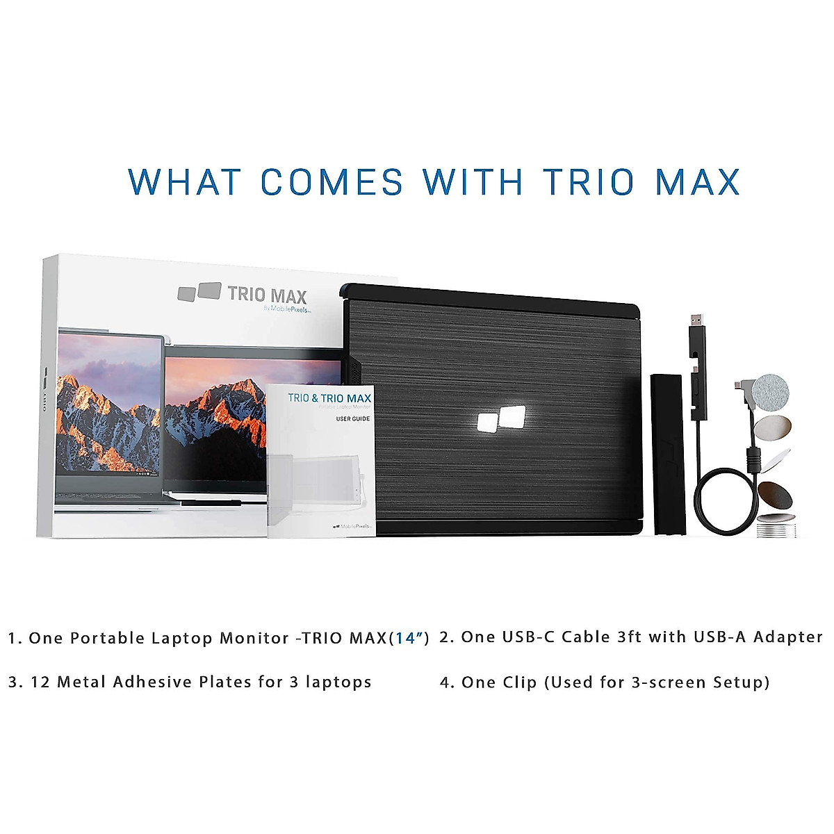 Trio Max Mobile Pixels Tri-Screen Laptop Monitor, 14'' Full HD IPS Dual Triple Monitor for laptops, USB C/USB A Portable Screen,Windows/Mac/OS/Android/Switch Compatible (2X Monitor and 1x Kickstand)