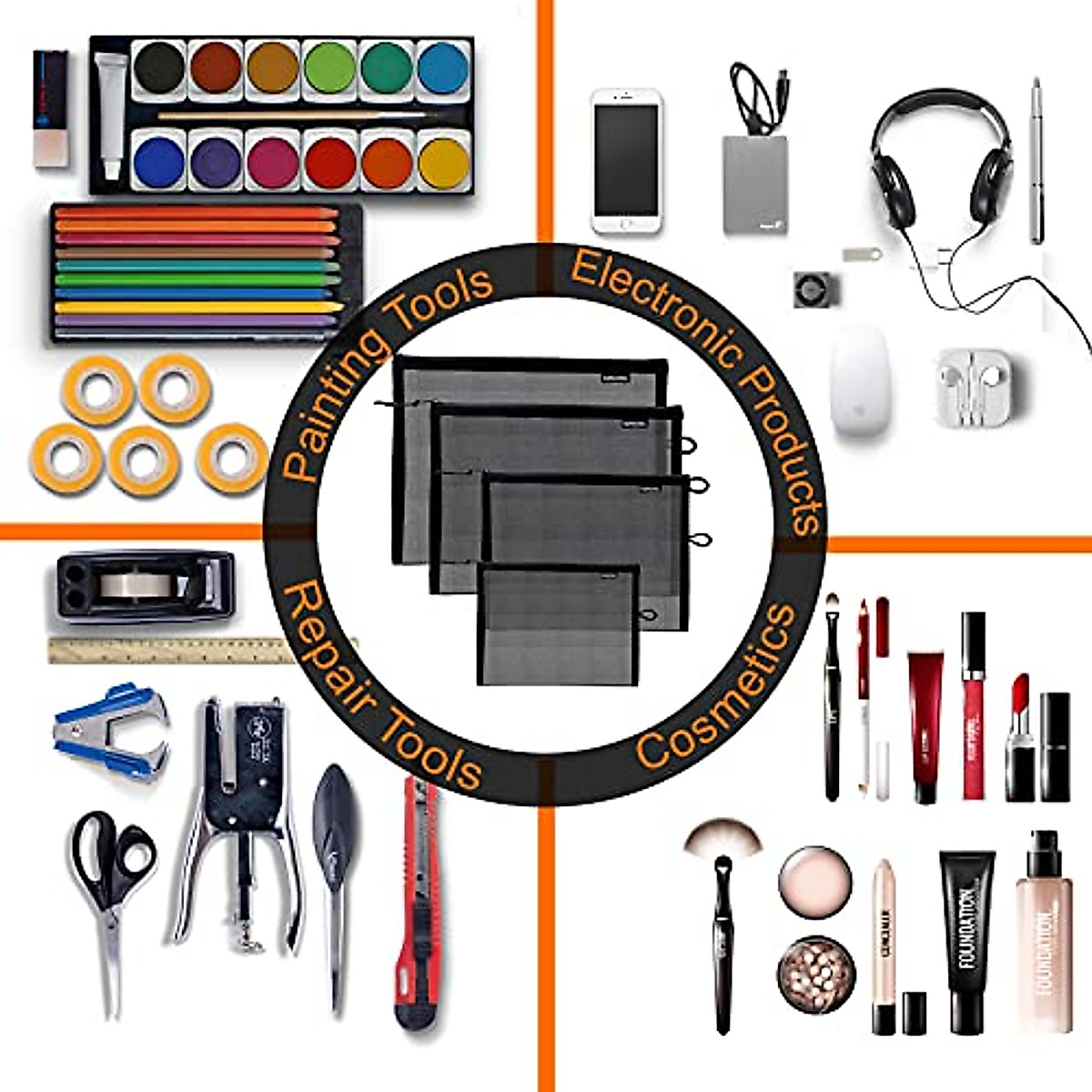 SUPACOOL Lightweight Casual Laptop Backpack with USB Charging Port and Set of 8 Black Travel Mesh Organizer Bags