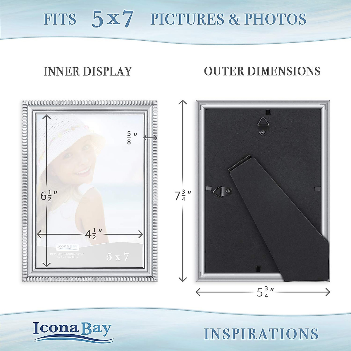 Icona Bay 5x7 Silver Picture Frame Beautifully Detailed Molding, Contemporary Picture Frame Set, Wall Mount or Table Top, Inspirations Collection