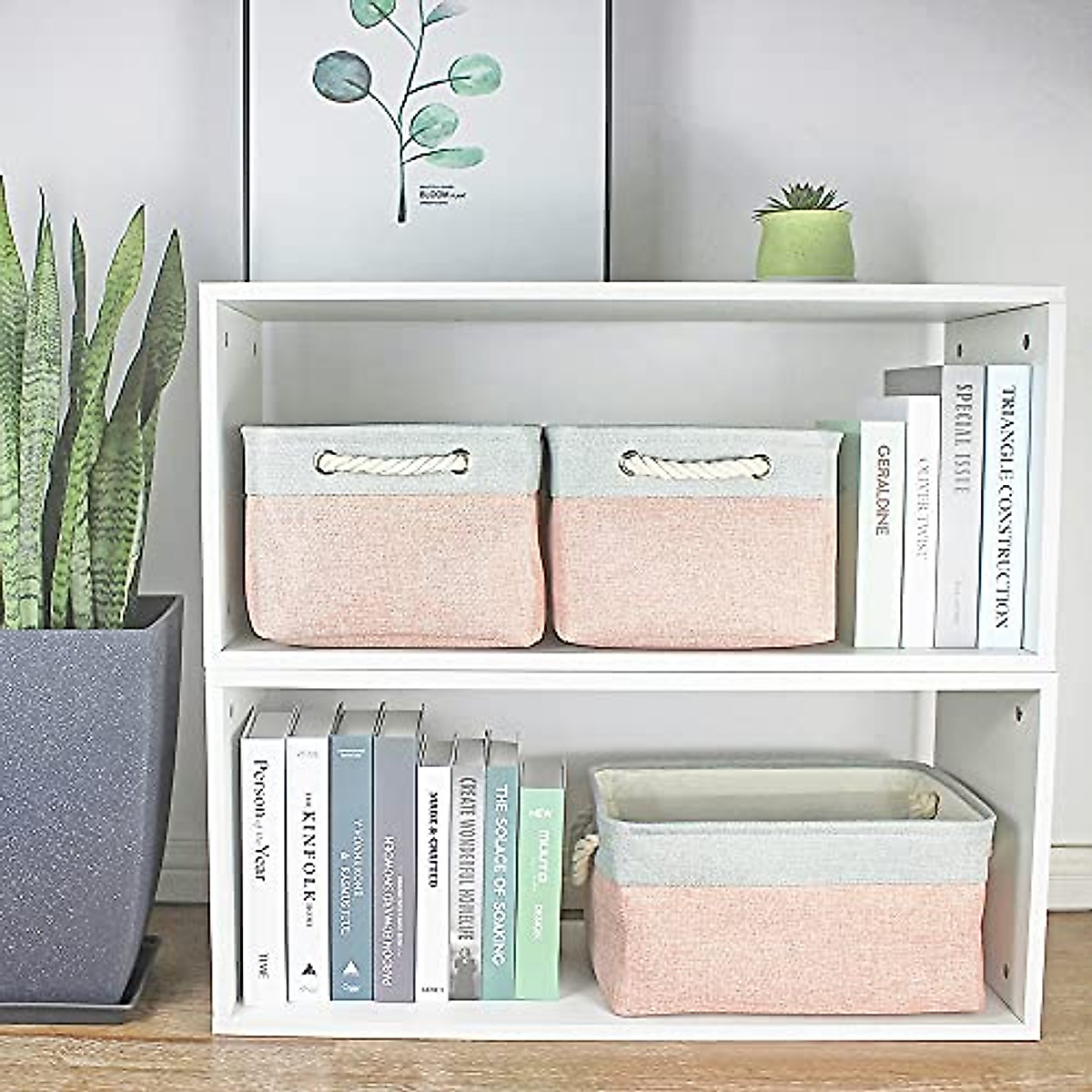 Yimi's Dream Foldable Storage Basket, [3-Pack] Storage Bin for Gifts Empty, Fabric Storage Baskets for Shelves with Handles, Pink Storage Bins for Organization (GlacierGrey & Pink, 15Lx11Wx8H inch)