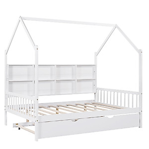 Full Kids Bed House Bed with Trundle, Kids Full Size Platform Bed Frame with Storage Shelves and Roof, Montessori Bed, Tent Bed, Wood Playhouse Bed Full for Kids Teens Girls & Boys (Full, White)