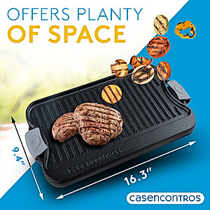 Casencontros - Cast Iron Griddle Pan for Stove Top [2 in 1 Reversible] - Pre-Seasoned Stove Top Griddle with Handles [17 x 9.8in] - Multi Use Grill Pan with Silicone Handles - Stove Top Griddle