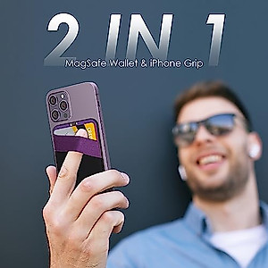 Upgraded 2 in 1 MagSafe Wallet for Apple iPhone 14/13/12 Series, Fits 5+ Cards and Cash, Magnetic Card Wallet Holder with Phone Grip, Stretchy iPhone Mag Safe Wallet for Maximum Flexibility Purple