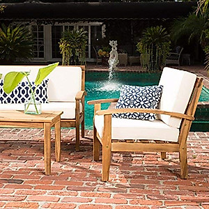 GDF Studio Preston 4 Piece Wood Outdoor Patio Seating Chat Set w/Beige Cushions