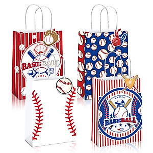 Mpanwen Baseball Goodie Bags, 16 Pcs Baseball Themed Party Favor Candy Treat Gifts Bags With Handle for Birthday Baby Shower Holiday Party Decorations