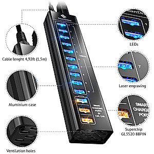 SmartDelux Powered USB Hub - USB 3.0 Ports Hub with 3 Smart Charging Ports, Power Adapter, Long Cord, LEDs (13-Port USB Hub)