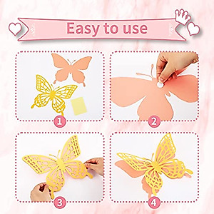 MARFOREVER 14 Pcs Large Butterfly Party Decoration 3D Butterfly Birthday Decorations Butterfly Wall Stickers Decor Big Butterfly Decorations for Birthday Baby Shower Wedding Room Decor (Gold and Pink)