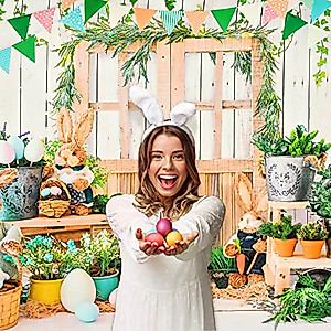 WENMER 5X7ft Spring Easter Backdrop, Garden Easter Egg Rabbit Photography Background Rustic Wooden Door Easter Bunny Flower Photo Backdrop for Easter Kids Children Newborn Baby Pet Portrait Photo