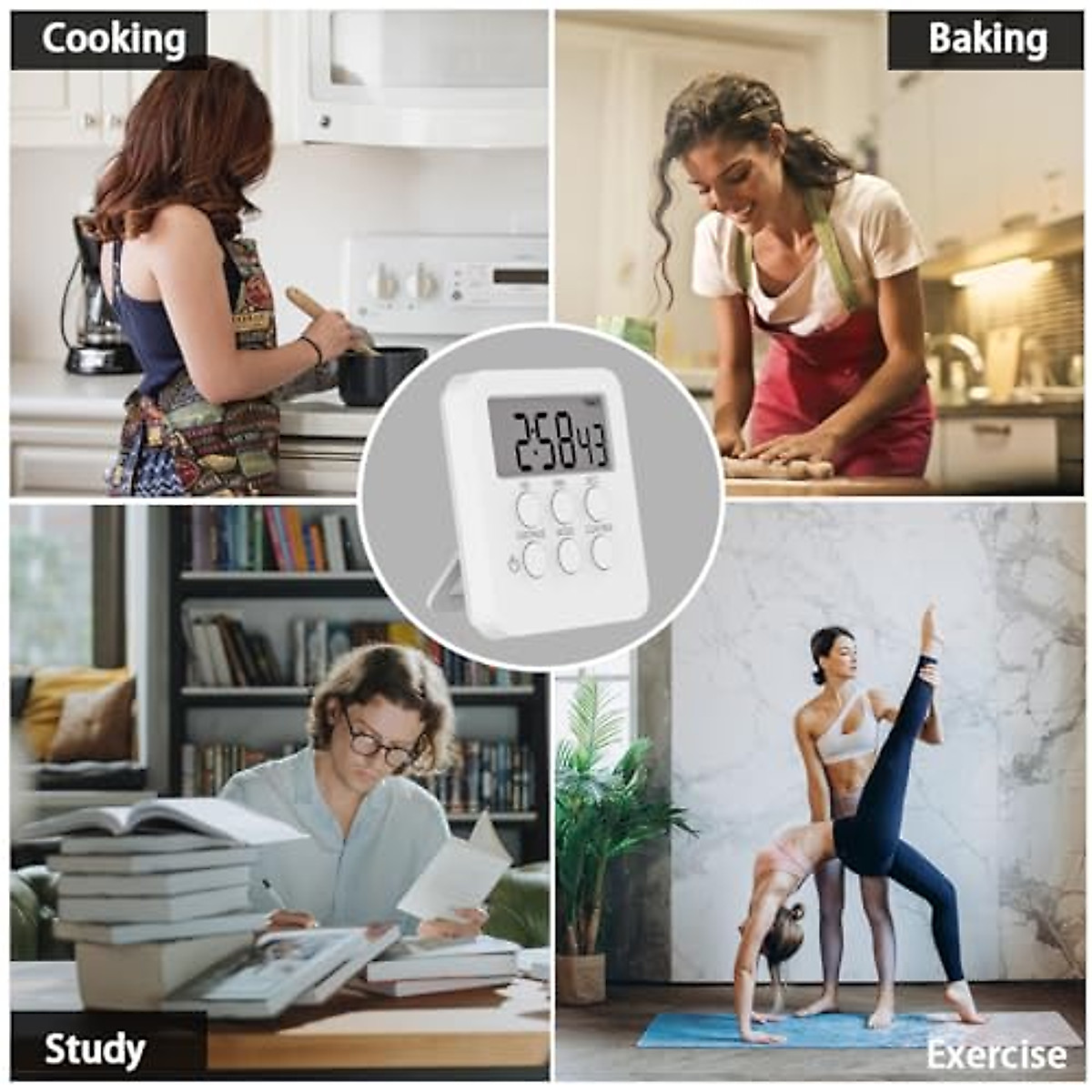 Digital Kitchen Timer with Mute/Lound Alarm Switch,3 in 1 Multifunctional Clock Alarm Count UP/Down Timer,24-Hours Memory Function Magnetic Timer for Cooking Learning(White)