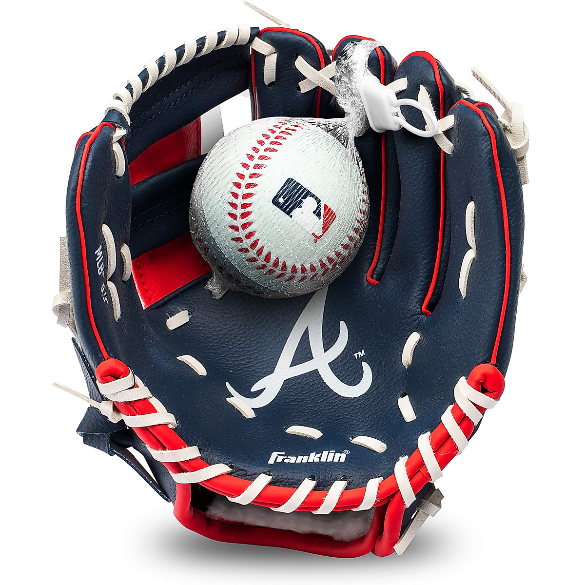 Franklin Sports MLB Youth Teeball Glove and Ball Set - Kids Atlanta Braves Baseball and Teeball Glove and Ball - Perfect First Kids Glove - 9.5", One Size
