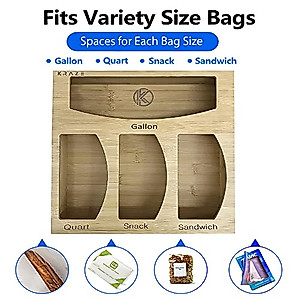 Kraze Home Bamboo Ziplock Bag Organizer & Dispenser, Kitchen Drawer Organizer, Bamboo Drawer Organizer, Baggie Organizer, Compatible with Ziploc/Glad/Gallon/Quart/Sandwich & Snack Size Bags