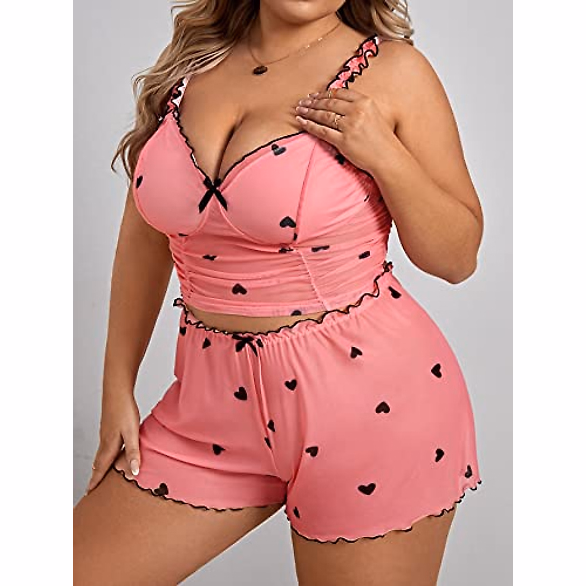 WDIRARA Women's Plus Size Sleepwear Heart Print Ruched Lettuce Trim Cami Top and Shorts Pajama Set Watermelon Pink 3XL