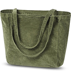 WantGor Large Corduroy Tote Bag, Women Zipper Shoulder Handbags Casual Travel Hobo Bag Shopping Work Bags (Army Green)