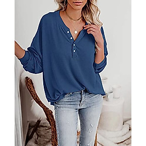 REVETRO Womens V Neck Henley Shirts Long Sleeve Sweatshirts Causal Pullover Button Down Tunic Tops Blue Small