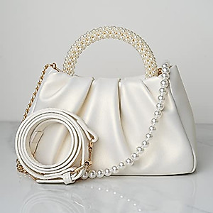 HEYCUE Women's Elegant Pearl Handbag Pleated Design Crossbody Purse Wedding Prom Bride Clutch Purse With Pearl Chain