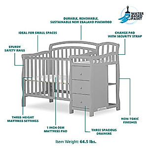 Dream On Me Casco 3-in-1 Mini Crib and Changing Table in Pebble Grey, Convertible Crib, Made of Pinewood, Three Position Adjustable Mattress Height Settings