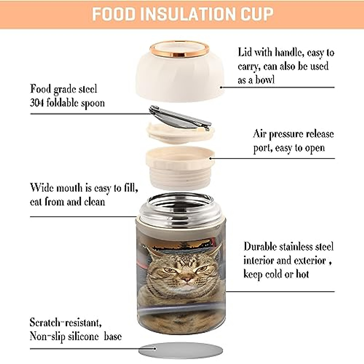 CUPADA Beige Cat Food Jar, Funny Insulated Hot Food Jars Vacuum 17OZ with Folding Spoon for Work Trip Picnic Camping