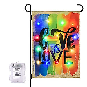 COVBOARD LED Lighted Gay Pride Rainbow Garden Flag, Love is Love LGBT Yard Flag, 12 x 18 Inches Vertical Double Sided Garden Decor Flags Battery Operated with Timer For Summer Spring Outdoor Patio Yard Garden Lawn Decoratio（Rainbow）Stand NOT Included