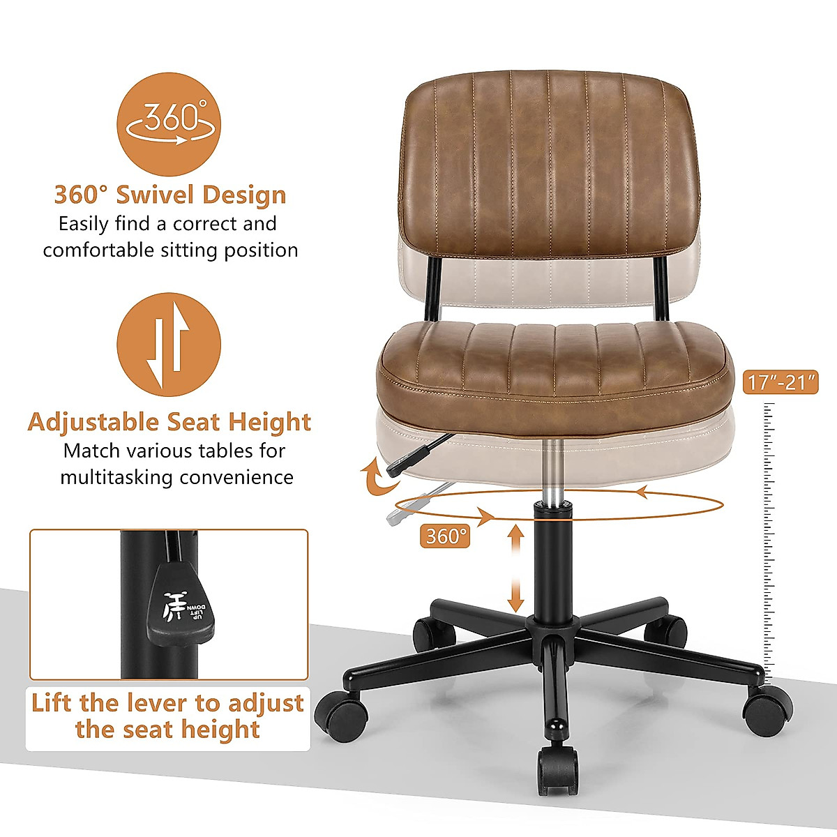 Giantex Leather Office Chair, Armless Low-Back Computer Desk Chair, Retro Swivel Rolling Task Chair Height Adjustable PU Leisure Office Chair for Kids Teens Adults (Brown)