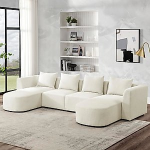 OMMGG U Shape Sectional Sofa, Modular Upholstered Couch with Two Single Seats and 2 Chaises, DIY Combination, Loop Yarn Fabric, for Living Room, Apartments,Lounges, and Clubs, 117, Ivory