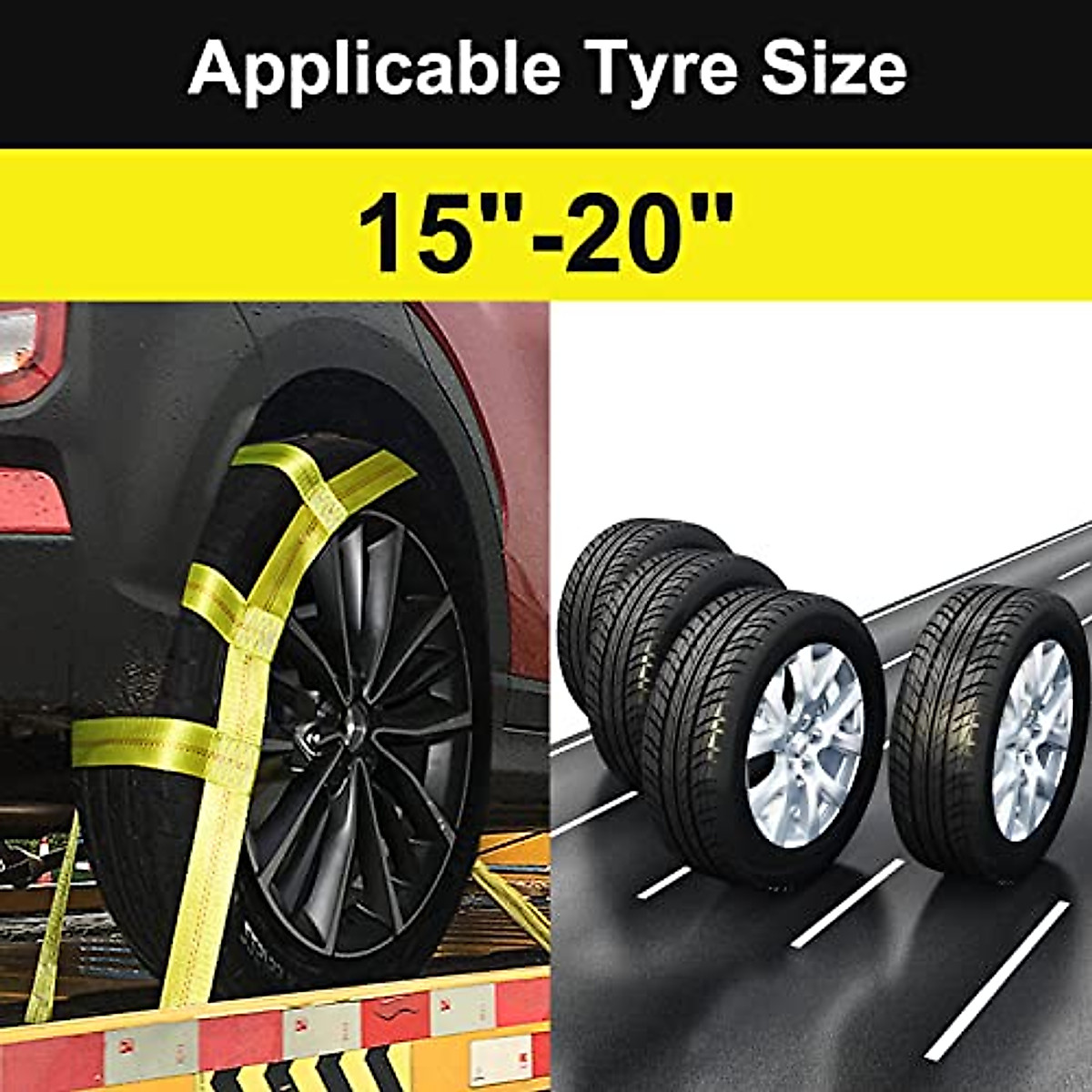 Bang4buck 2 Pieces Tow Dolly Straps, Universal Adjustable Tie Down Tow Straps 15" to 20" Rim Size Fits for Demco Kar Kaddy Dollys with 2 Flat Hooks (5" to 20" Rim Tow Strap_Yellow)