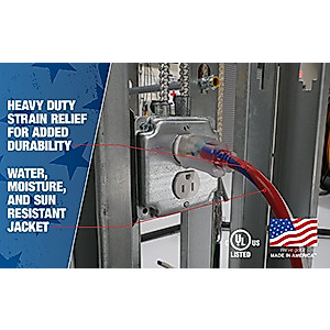 Southwire 2549SWUSA1 100-Feet; Contractor Grade; 12/3 Extension Cord; With Lighted End; Red White And Blue; American Made Extension Cord; Indoor and Outdoor Use; Water Resistant Flexible Jacket