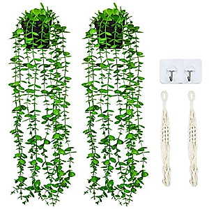 Artflower Artificial Hanging Eucalyptus Plants in Pots 2 Pack Fake Plastic Greenery Vines with Hanging Baskets for Home Shelve Indoor Outdoor Wall Wedding Garden Home Office Garland Decor