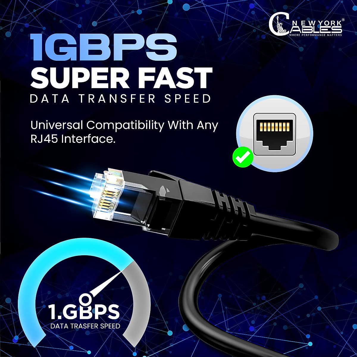 NewYork Cables - 15 Foot Ethernet Cable, UTP Pure Copper 4 Pair, 10 GB Speed Ethernet Patch Cable, 24 AWG Snagless Cat 6 15 ft Ethernet Cable, RJ45 Connector Cat6 Patch Cables Pack of 5