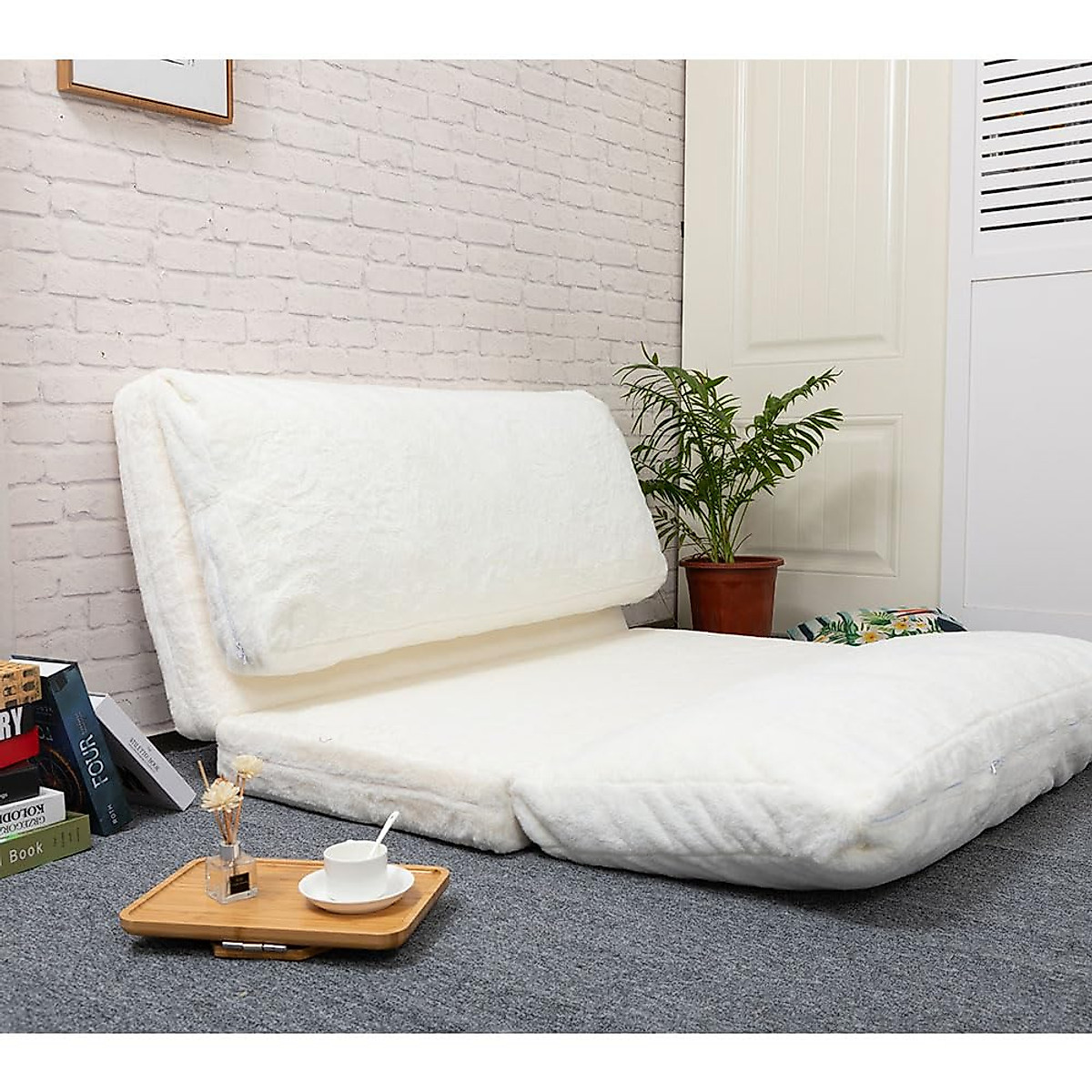 ALIMORDEN Mattress Sofa Folding Floor Couch, White Multifunctional Foam Filling Bean Bag, Super Soft Plush Removable Cover, for Nap & Family Time in Living Room, Bedroom, Salon, Office