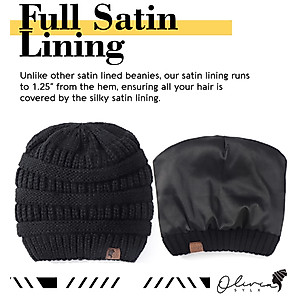 Olivia Sylx Satin Lined Beanie for Women - Satin Beanie,Silk Beanie, Satin Lined Winter Hats for Women & Slouchy Beanie Black